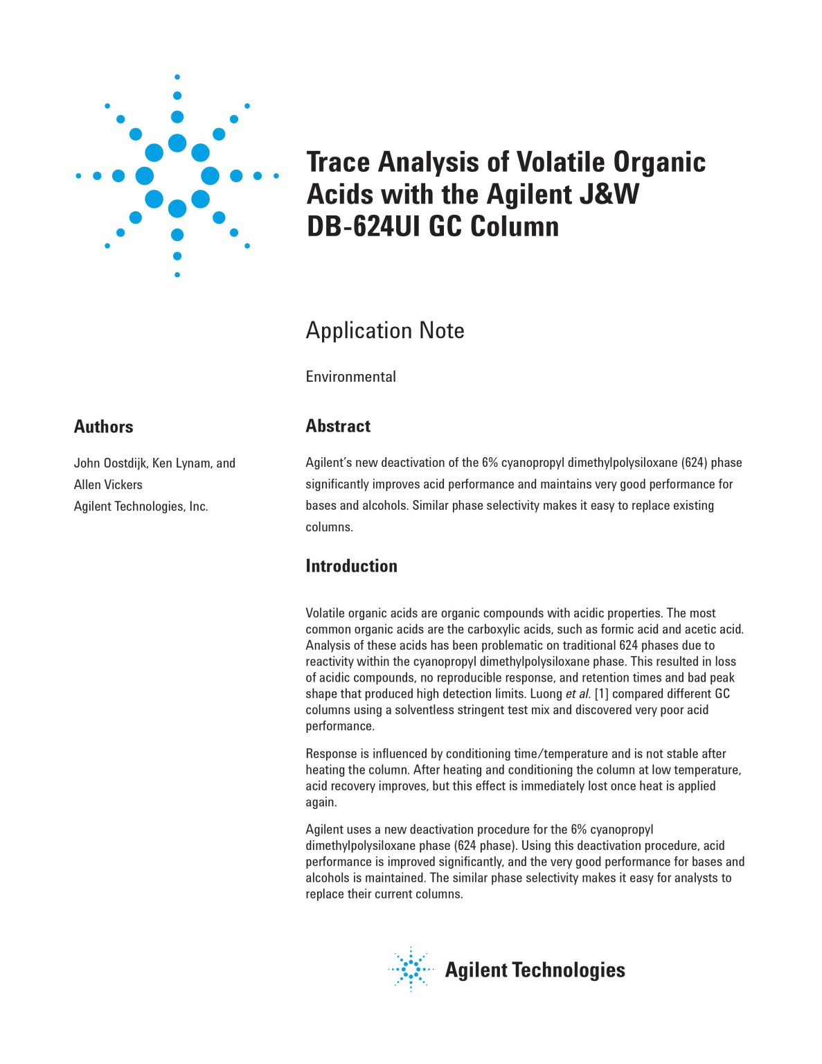 Trace analysis of volatile organic acids with the agilent J&W DB-624UI ...